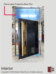 Blackened Steel Pivot Door with Transom & Wood Pulls – In Stock